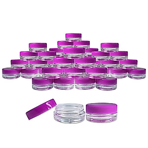 (Quantity: 50 Pieces) Beauticom 3G/3ML Round Clear Jars with PURPLE Lids for Scrubs, Oils, Toner, Salves, Creams, Lotions, Makeup Samples, Lip Balms - BPA Free