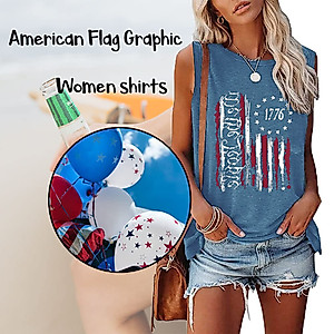 Women's American Flag Shirt 4th of July Printed 1776 Patriotic Tank Tops Patriotic Stars Stripes Sleeveless Loose Tee Tops,Ink Blue L