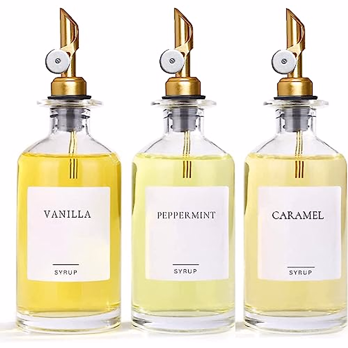 Ezebesta Set of 3 Coffee Syrup Glass Dispenser Bottles 16.23oz Pump Bottles with 10 Labels for Coffee Bar Organization