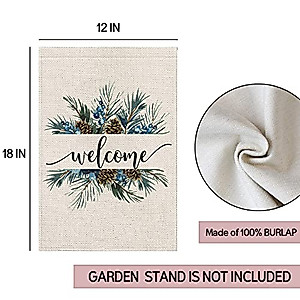 Dsben Welcome Winter Garden Flag 12x18 Inch Double Sided, Pine Twigs Rustic Farmhouse Decoration for Seasonal Christmas Wedding Yard Outdoor