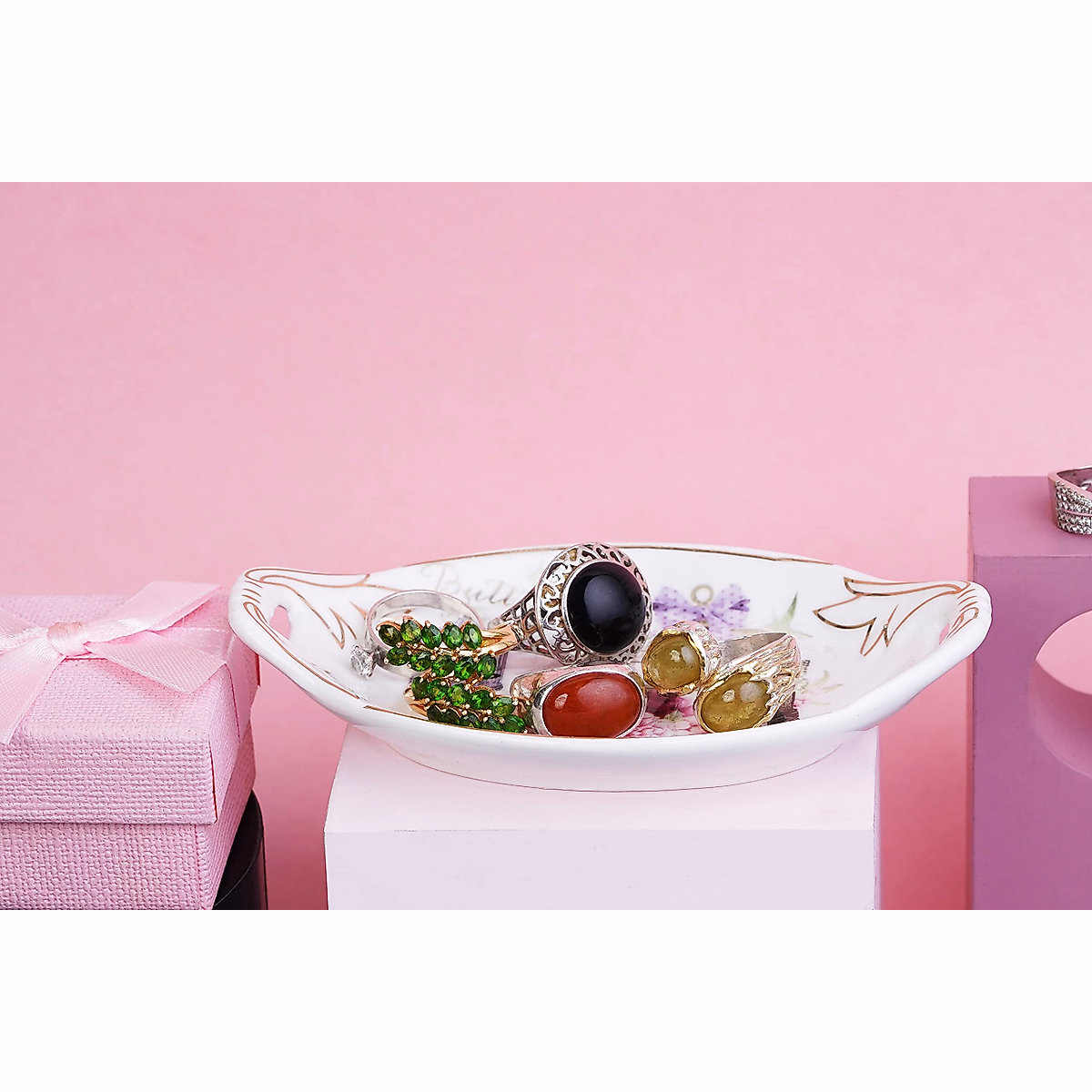 MGeezz Mini Ceramic Serving Tray with Handles for Chocolate,Dry Fruit & Cookies Tray Decorative Tray for Tea Bag/Modern Design Ceramic Dessert Serving Plat for Tableware or Restaurant Desk (Floral)