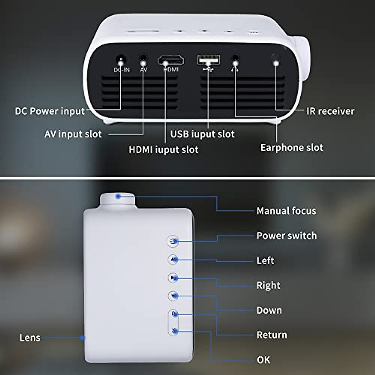 JIEFOCH Mini Projector Supported 1080P Full HD Movie Portable Outdoor Projector Video Projector for Laptop TV-Box, Compatible with HDMI USB Audio AV Interfaces and Remote Control(White)