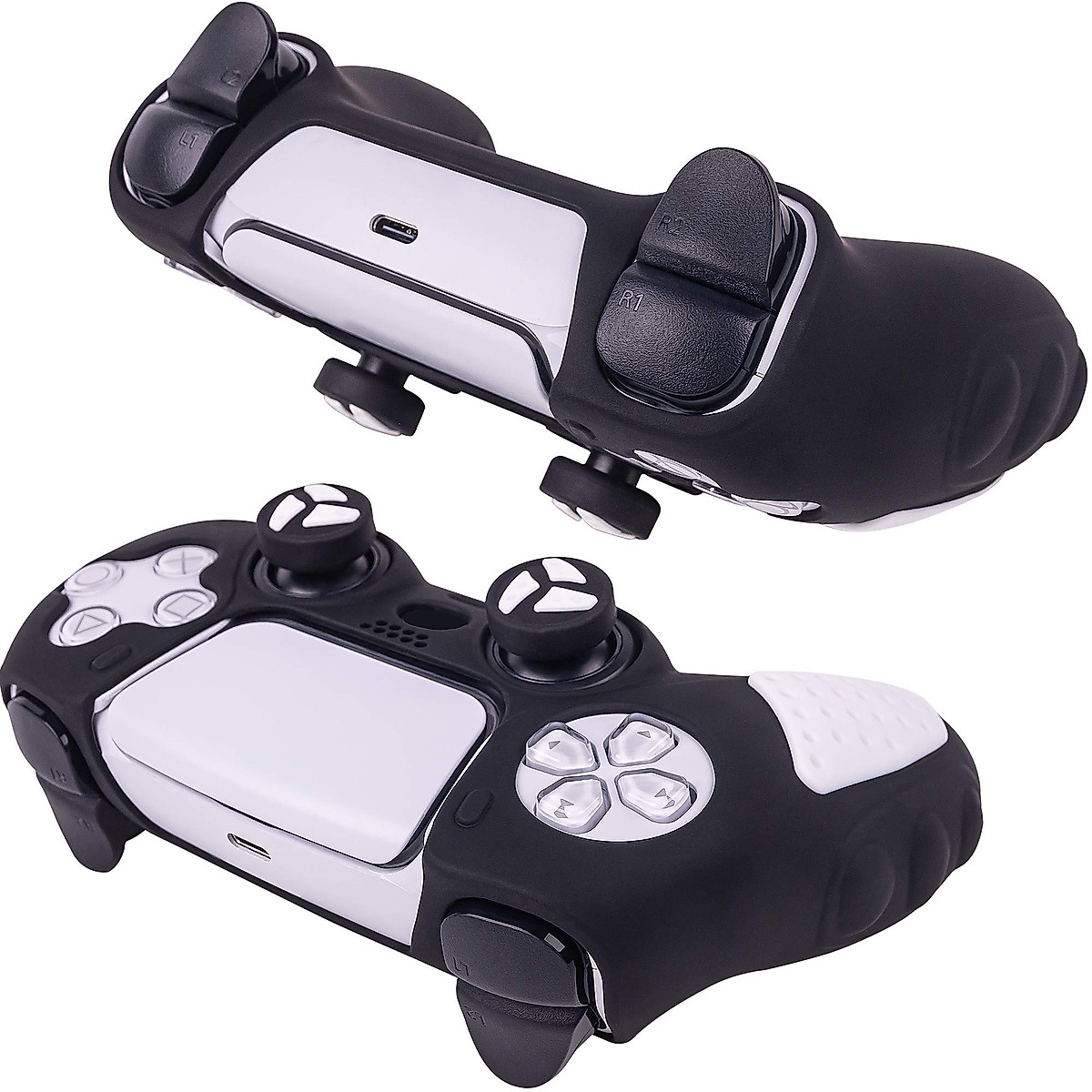 CHIN FAI Controller Grip Cover for PS5, Anti-Slip Silicone Skin Protective Cover Case with 6 Thumb Grip Caps for PlayStation 5 Controller (Black-White)