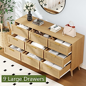 Keehusux Rattan 9 Drawer Dresser for Bedroom, Accent Storage Dresser with Solid Wooden Legs, Long Chest of Drawers with Metal Handles for Closet, Living Room, Entryway, Natural KES003MDG