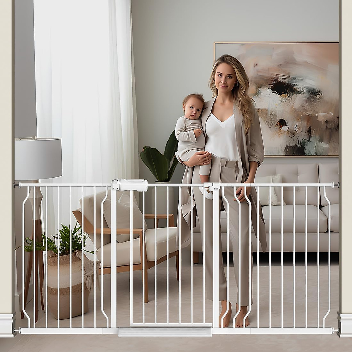 Extra Wide Baby Gate with Door, 57.4-62.2 Inch Walk Through Large Long Child Gates for Stair Doorway - Indoor Outdoor Safty Gate for Toddler Pet Dog Doggie White
