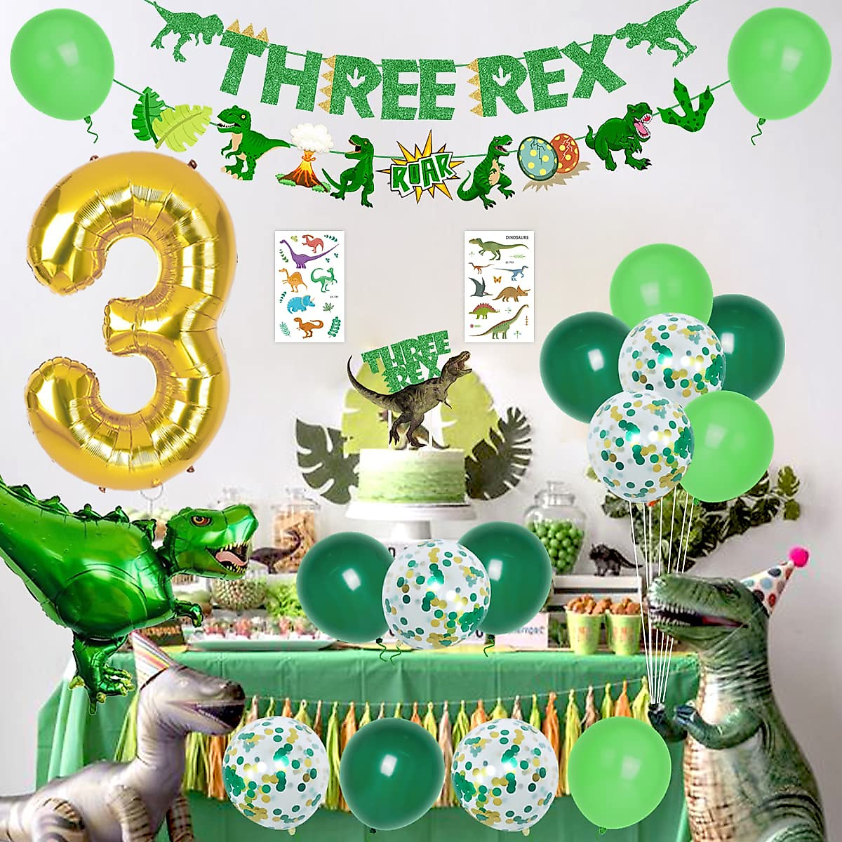 Dinosaur 3rd Birthday Decorations, 3 Rex Birthday Party Supplies - Three Rex Banner, Cake&Cupcake Toppers, Dinosaur Balloons,Temporary Tattoos for Roar I’m 3 Boys Girls Birthday
