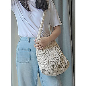 Verdusa Women's Crochet Shoulder HandBags Hobo Knitted Tote Bag Shopping Bags Beige one-size