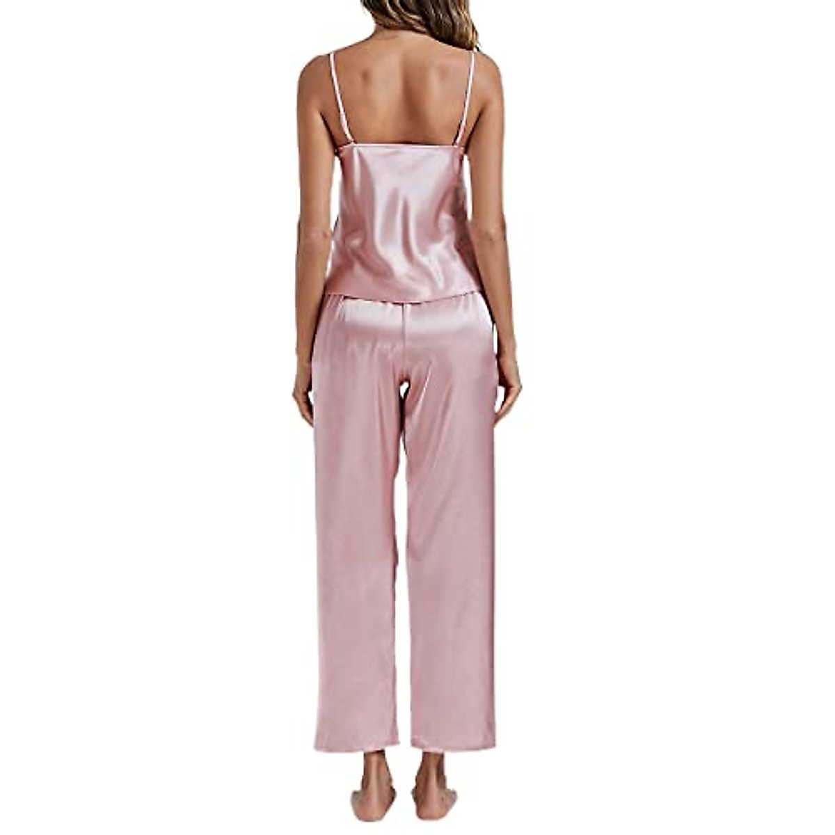 LYANER Women's Satin Silk Pajamas Set V Neck lace Trim Cami Top and Pants Sleepwear Pjs Set Pink Medium
