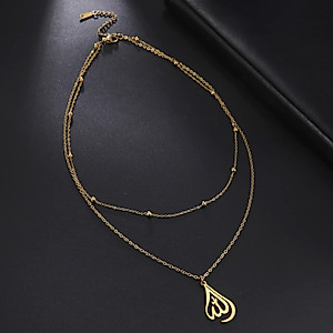 kkjoy Islamic Muslim Allah Layered Necklaces for Women Charm Stainless Steel Necklace Water Drop Heart Shape Allah Necklace Double Layer Necklace Lucky Islamic Jewelry