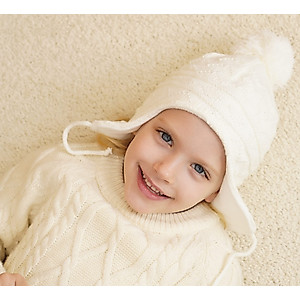 Connectyle Toddler Boys Beanies with Ear Flaps Kids Pompom Beanie Hat Fleece Lined Knit Winter Skull Caps M White