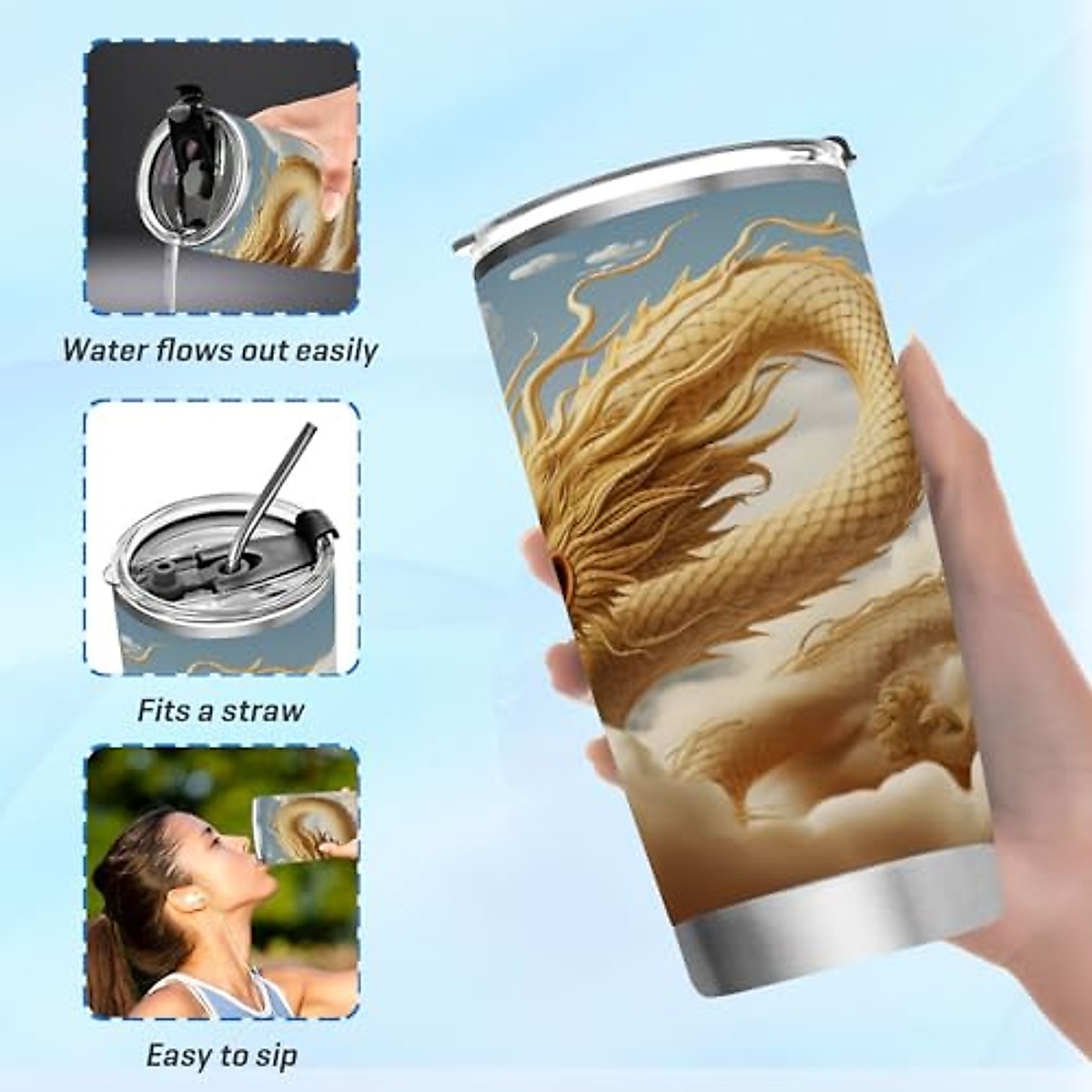 Wassud Golden Dragon 12 oz Tumbler with Lid and Straw Stainless Steel Double Wall Vacuum Tumblers Insulated Travel Coffee Mug for Cold and Hot Drinks