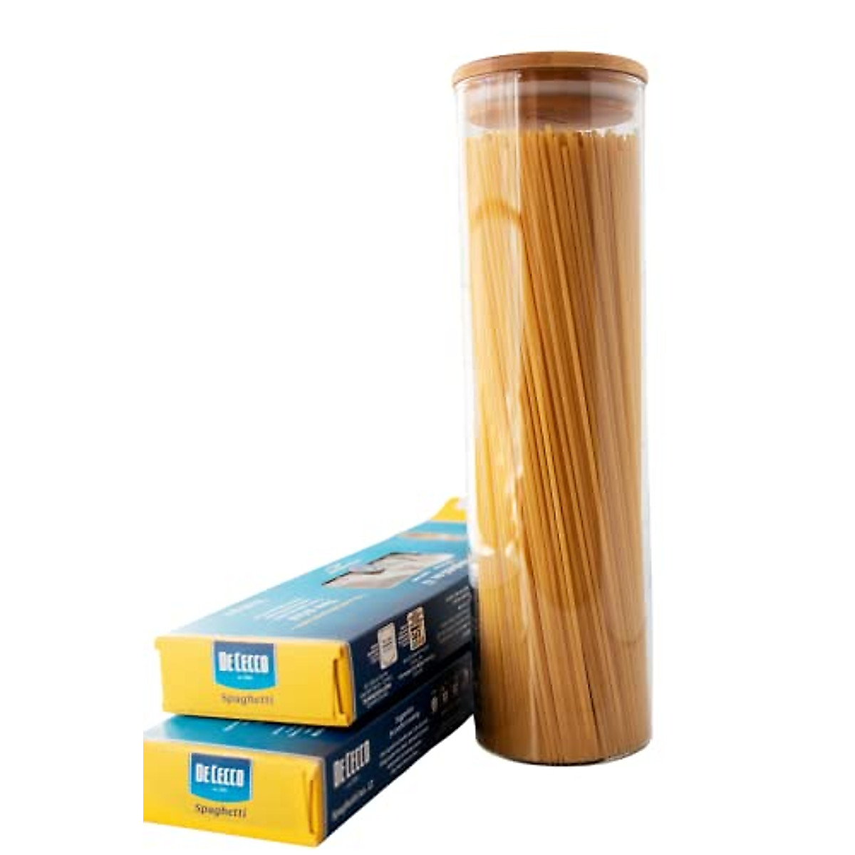 Cestari Pasta Storage Jars: Spaghetti Container Glass Pasta Jar with Bamboo Lid, Airtight Dry Food Storage Kitchen Canister for Pasta, Spaghetti, Macaroni, Rotini, Noodles, Candy, and More