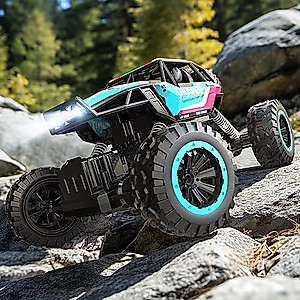 DEERC 1:12 Remote Control Car with Metal Shell, 4WD Off Road Monster Truck, Dual Motors LED Headlight RC Rock Crawler, 2.4Ghz All Terrain Hobby RC Cars Toys for Boys Kids Adults Gifts (W/2 Batteries)