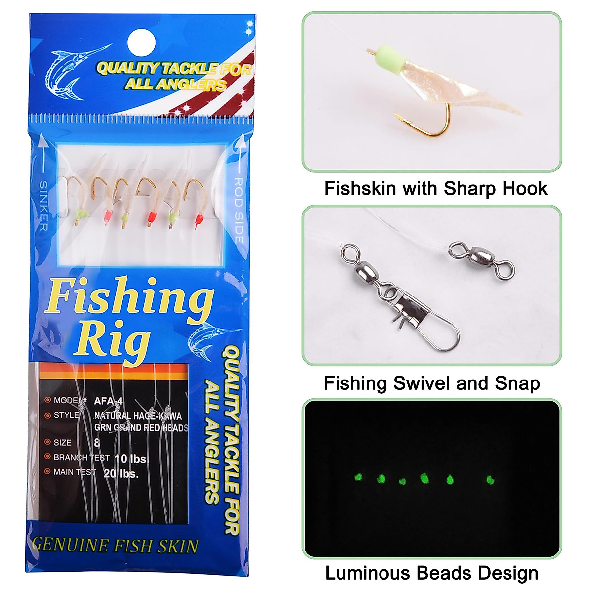 OROOTL Fishing Bait Rigs Saltwater, 6 Packs Surf Fishing Rigs with Sharp Hooks Fish Skin Feather Swivel Snap Glow Saltwater Lures Sea Bass Cod Herring Hook Rig Size 4 6 8
