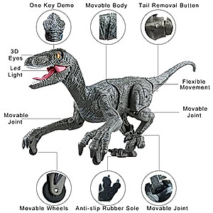 MAMABOO Remote Control Dinosaur Toys for Boys Kids Girls 3 4 5 6 7 8 Years Old Electronic RC Robot Toy LED Lightup Walking Roaring Velociraptor Jurassic Dino Rechargeable Raptor Blue Birthday Gifts