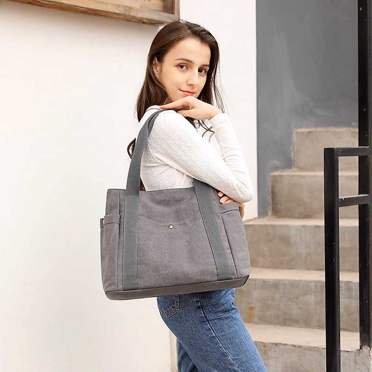 JIANLINST Women's Canvas Tote Handbags Multi-pocket Retro Casual Shoulder Bag Top Handle Satchel Tote Purse Black