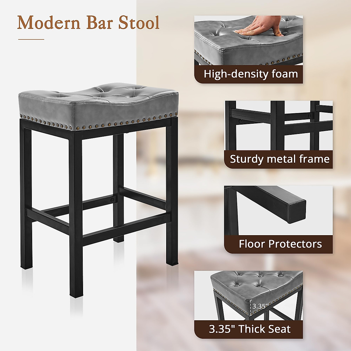 LUE BONA Bar stools Set of 2, 24 Inch Saddle Square Counter Height Bar Stools for Kitchen Island, Modern Backless Faux Leather Counter Stools with Black Metal Legs for Bar, Bistro, Dark Gray