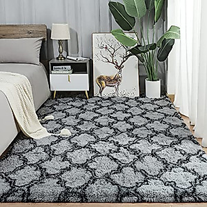 Keeko Fluffy Rugs, 4x6ft Fuzzy Area Rug for Living Room, Modern Geometric Plush Carpets for Bedroom, Soft Kid's Room Shaggy Rug, Nursery Room Decor Rug,Grey and Black