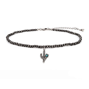 Turquoise Stone Silvertone Prickly Pear Cactus Pendant Faux Navajo Pearl Choker Necklace 12 Inch