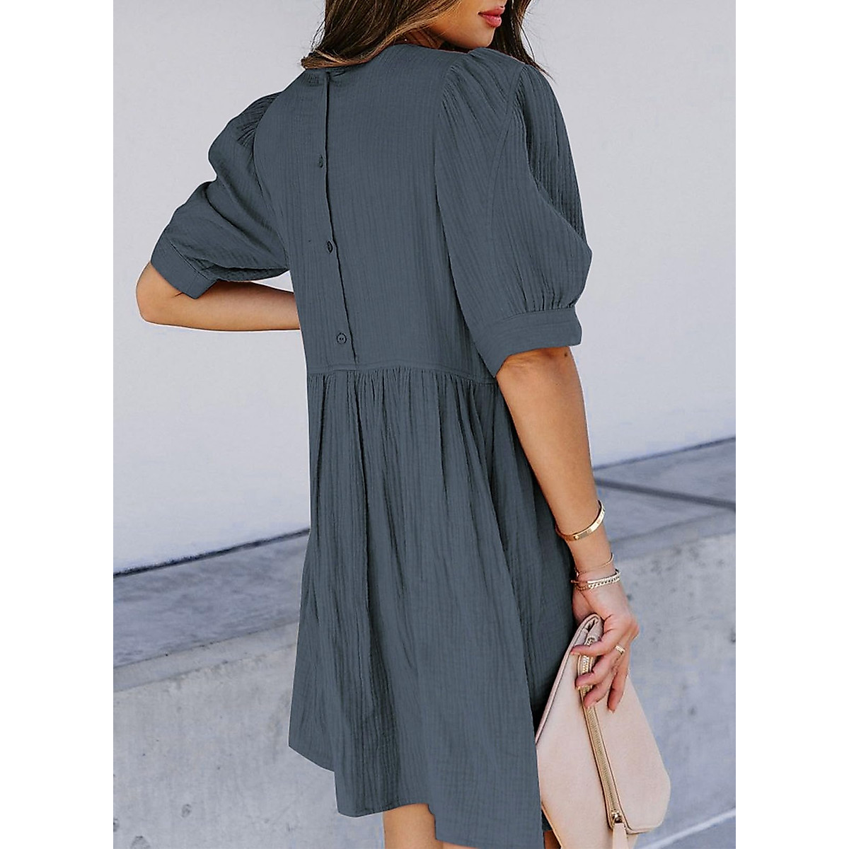 Dokotoo Womens Ladies Summer Sun Dress Spring Tunic Dress Round Neck Lantern Short Sleeve High Waist Pocketed Mini Short Shift Dress for Party Gray X-Large