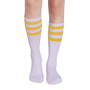 Pareberry Classic Triple Stripes Soft Cotton On the Calf Retro White Tube Socks (A-pair(Yellow/White))