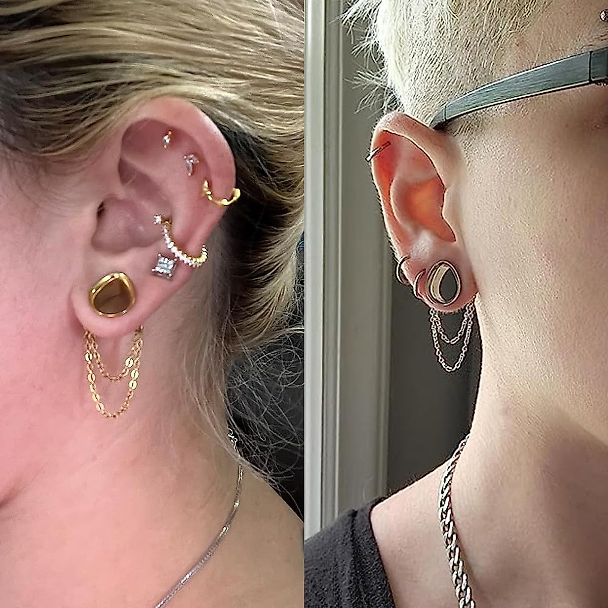 Atomhole 2PCS Cute Teardrop Ear Gauges with Chains Hypoallergenic 316 Stainless Steel Plugs for Ears Tunnels Piercing Expander Stretchers Body Jewelry (16mm(5/8"), Black)