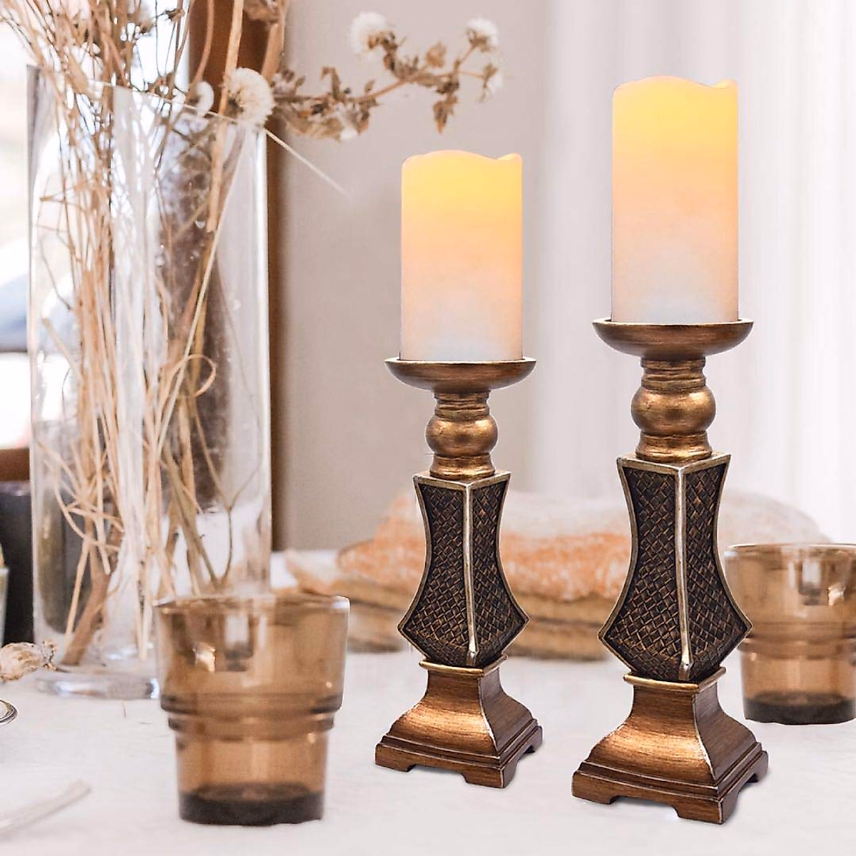 QUABUY Resin Candle Holders (Set of 3) Small 8", Medium 10", Large 12" (H). Ideal for Home Decorations for Living Room, Dining Room Table, Weldings, Parties, Special Events ( Gold )