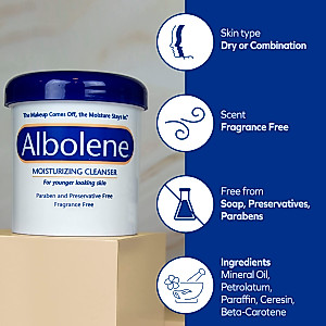 Albolene Face Moisturizer and Makeup Remover, Facial Cleanser and Cleansing Balm, Fragrance Free Cream, 6 oz