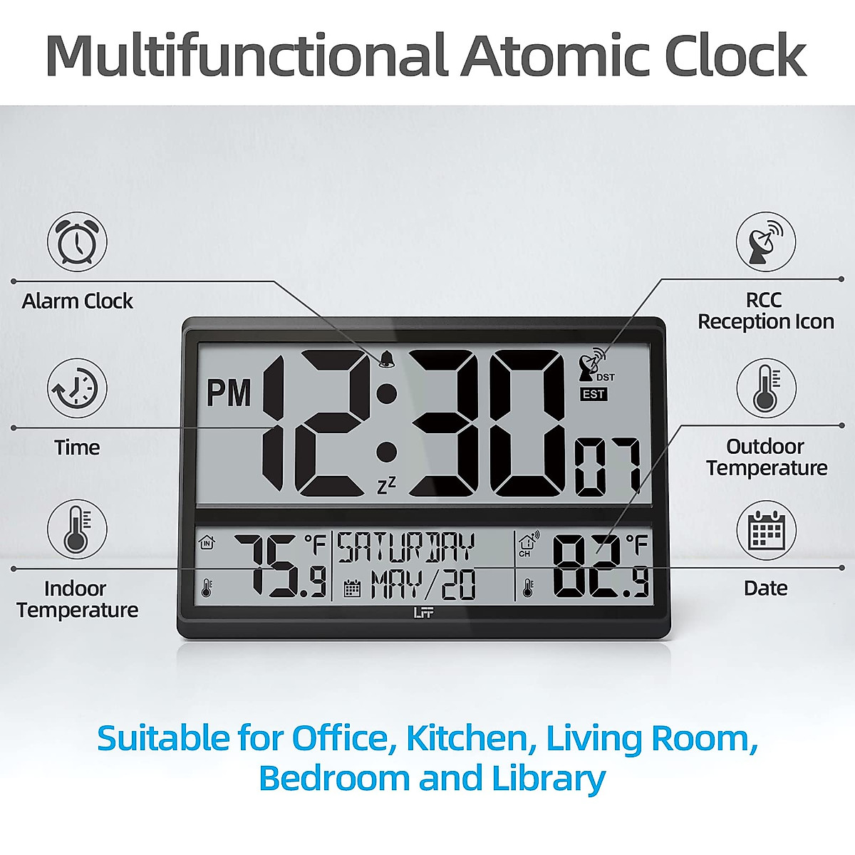LFF Atomic Clock 4.5" Numbers, Atomic Wall Clock Never Needs Setting, Indoor Outdoor Temperature with Wireless Outdoor Sensor, Battery Powered, Clock for Office, Kitchen, Living Room, Bedroom