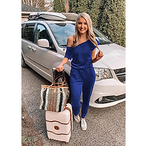 PRETTYGARDEN Women's Loose Solid Off Shoulder Elastic Waist Stretchy Long Romper Jumpsuit (Blue,Small)