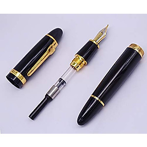 Jinhao 159 Fountain Pen, Fude Pen Bent Nib, Black Lacquer Gold Trim Big Heavy Pen with Pouch and Ink Converter