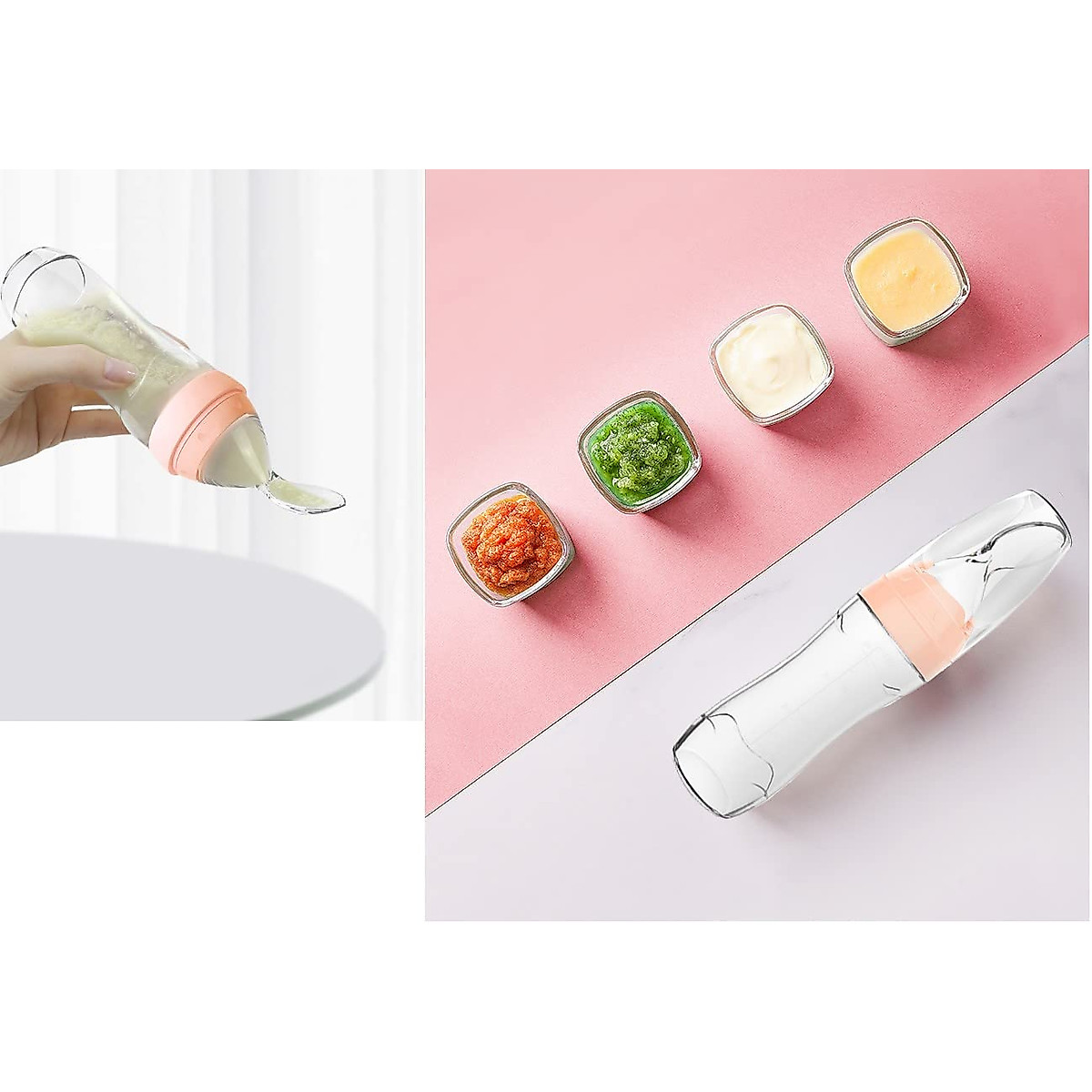 Haakaa Silicone Baby Food Dispensing Spoon Feeder 4oz - Infant Squeeze Cereal Feeder, Baby Fresh Food Feeder, Feed Bottle for Puree, Solid Baby Food, BPA Free, 4m+ Babies – Peach