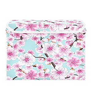 Kigai Cute Flowers Pink Storage Basket with Lid Collapsible Storage Bin Fabric Box Closet Organizer for Home Bedroom Office 1 Pack