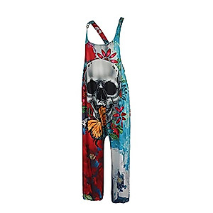 Women Boho Wide Leg Jumpsuits Summer Floral Skeleton Print Plus Size Baggy Dungarees Overalls Y2k Romper Clothes (Color A, Small)