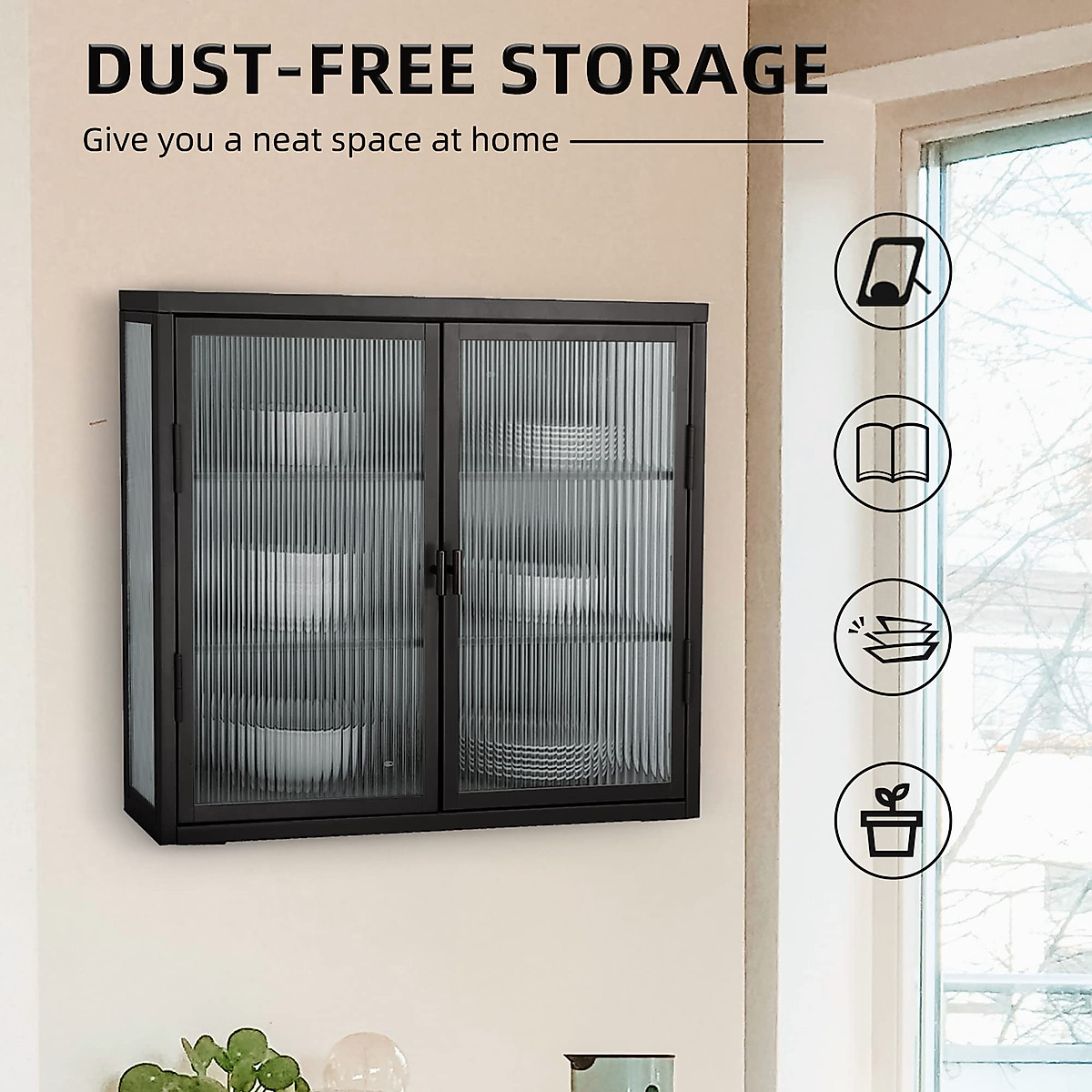 AOCOROE Bathroom Cabinet Wall Mounted with 2 Glass Doors, 3 Metal Shelves, Metal Hanging Cabinet, Wall Cabinets w/Doors & Detachable Shelves for Office, Dining Room Living Room Kitchen Bathroom,Black