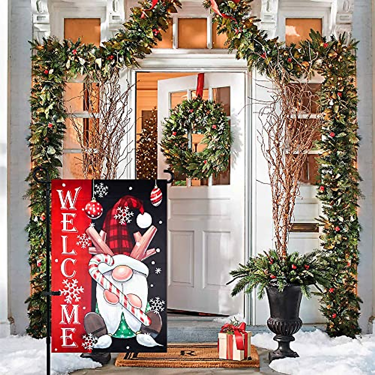 Welcome Christmas Garden Flag, hogardeck Gnome Santa Outdoor Christmas Decorations, Vertical Double Sided Yard Flag, Christmas Ball Farmhouse Decor 12.5x18 Inch