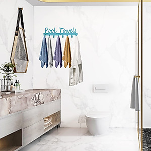 Pool Towel Rack for Bathroom Wall Mount Towel Hooks Towel Holder Carbon Steel Hanger Organizer Indoor Outdoor for Robe, Towel, Coat, Swimsuit, Umbrella, Bag, Keys(Blue)