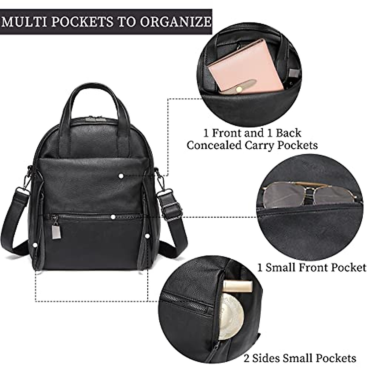 Kasqo Small Backpack Purse for Women, Convertible Faux Leather Bookbag for Ladies Teen Girls Travel Casual Daypack Fashion Shoulder Bag, Black