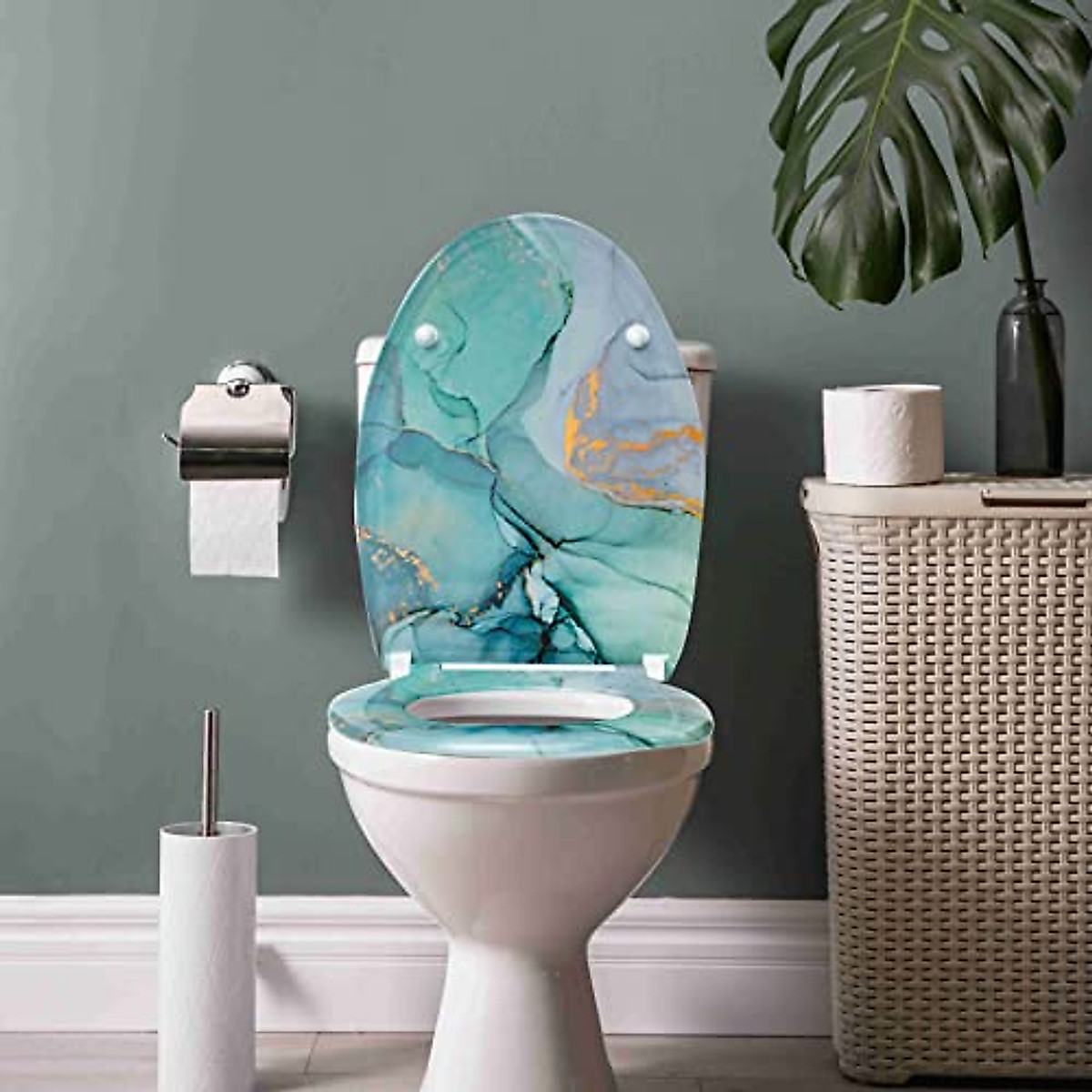 Musesh Elongated Toilet Seat Slow Close Green Ink Abstract Marble Colorful Soft Close Toilet Seat Cover Replacement Toilet Seat Removable Toilet Seat 1 Pack