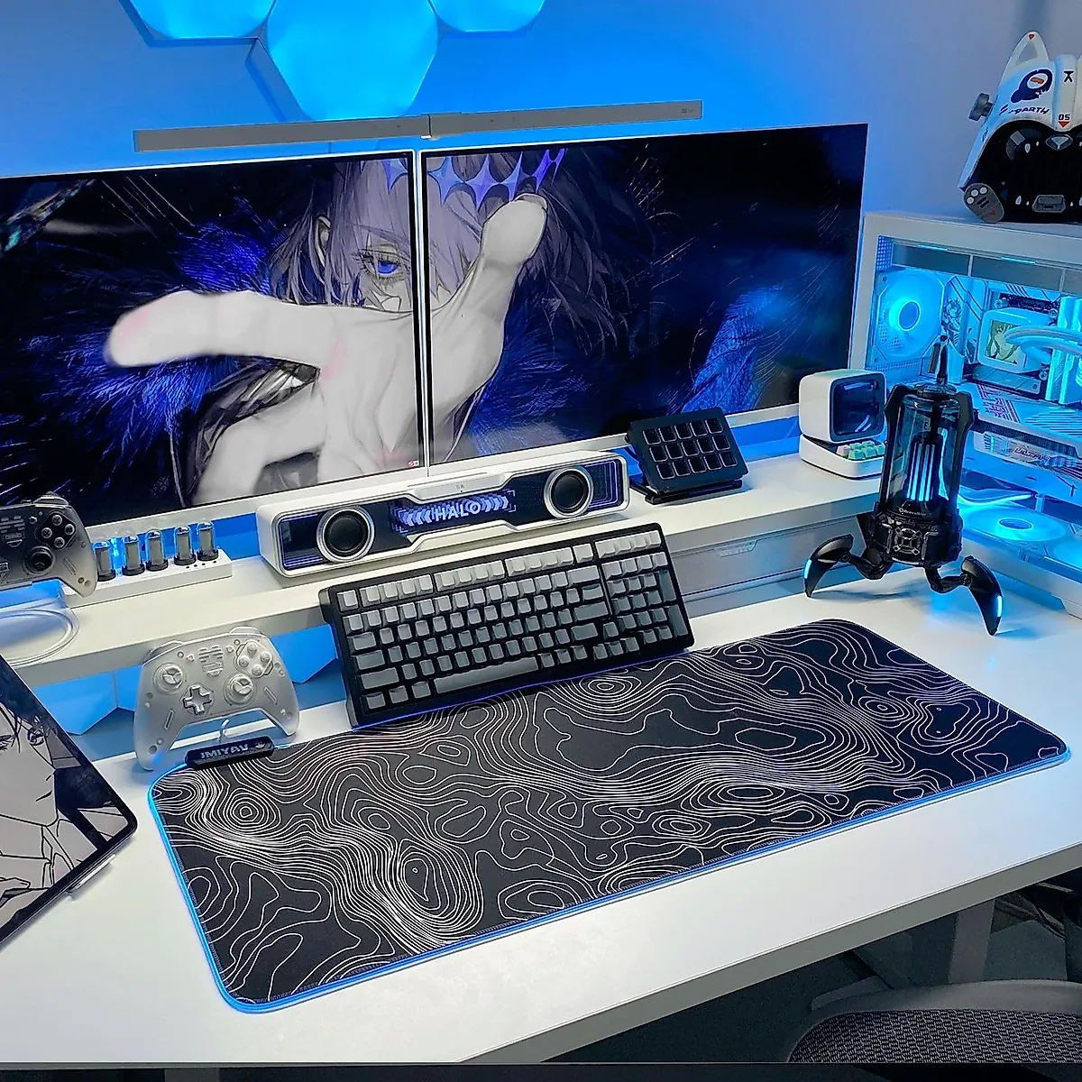 JMIYAV Topographic Gaming Mouse Pad RGB Mousepad Non-Slip Rubber Base Extra Large Cool XL XXL Computer Desk Pad Gaming Accessories LED Light Up Extended Big Mouse Pad for Gamer Black (31.5x12In)