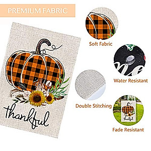 Thankful Pumpkin Garden Flag Vertical Double Sided Buffalo Plaid Burlap Fall Thanksgiving Rustic Farmhouse Yard Outdoor Decoration 12.5 x 18 Inch