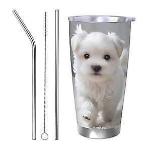 NHJKLWQSZ Cute Puppy Dog 20oz Stainless Steel Tumbler With Lid And Straw, Double Wall Vacuum Insulated Coffee Mug Travel Cups Leak-Proof Lid For Hot And Cold Drinks, Metal Straws And Brush