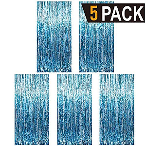 GOER 3.2 ft x 9.8 ft Metallic Tinsel Foil Fringe Curtains Party Photo Backdrop Party Streamers for Birthday,Graduation,New Year Eve Decorations Wedding Decor (Light Blue,5 pcs)
