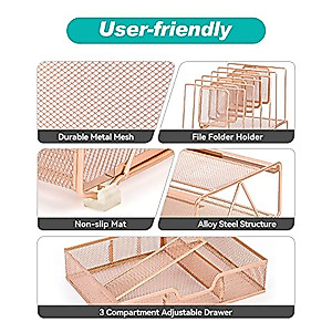 Beiz Rose Gold Desk Organizer and Accessories Storage with 5 Stacking File Folder Sorter, Paper Tray, Drawer, 60 Colorful Clips Set (Included), Desktop Organization for Women Office