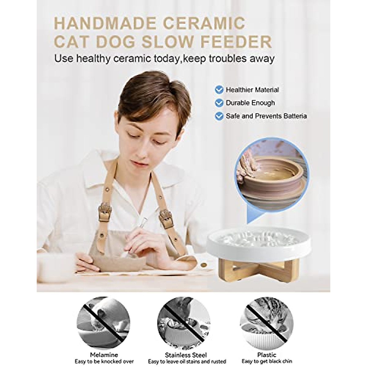 Raised Cat Dog Slow Feeder Bowl with Stand, Cat Bowls for Slow Eating, Ceramic Elevated Slow Feed Cat Bowls, Pet Bowl for Cat and Dog, Cat Puzzle Feeder for Healthy Eating Diet, 3'' High, 8.5'' Wide