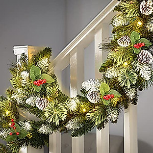 SHareconn 9FT Prelit Artificial Christmas Garland with Multi-Color Lights with Timer by Batteries Operated, Pine Cones and Red Berries for Mantle Stairs Fireplace Xmas Decoration, Indoor Outdoor, Snow