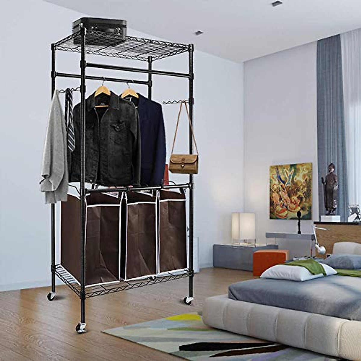 aruoquan Mobile 3-Bag Laundry Sorter Hamper Heavy Duty Clothes Rack Hanging Rolling Laundry Cart with Wheels Rod Garment Rack Double Metal Height Adjustable Shelves