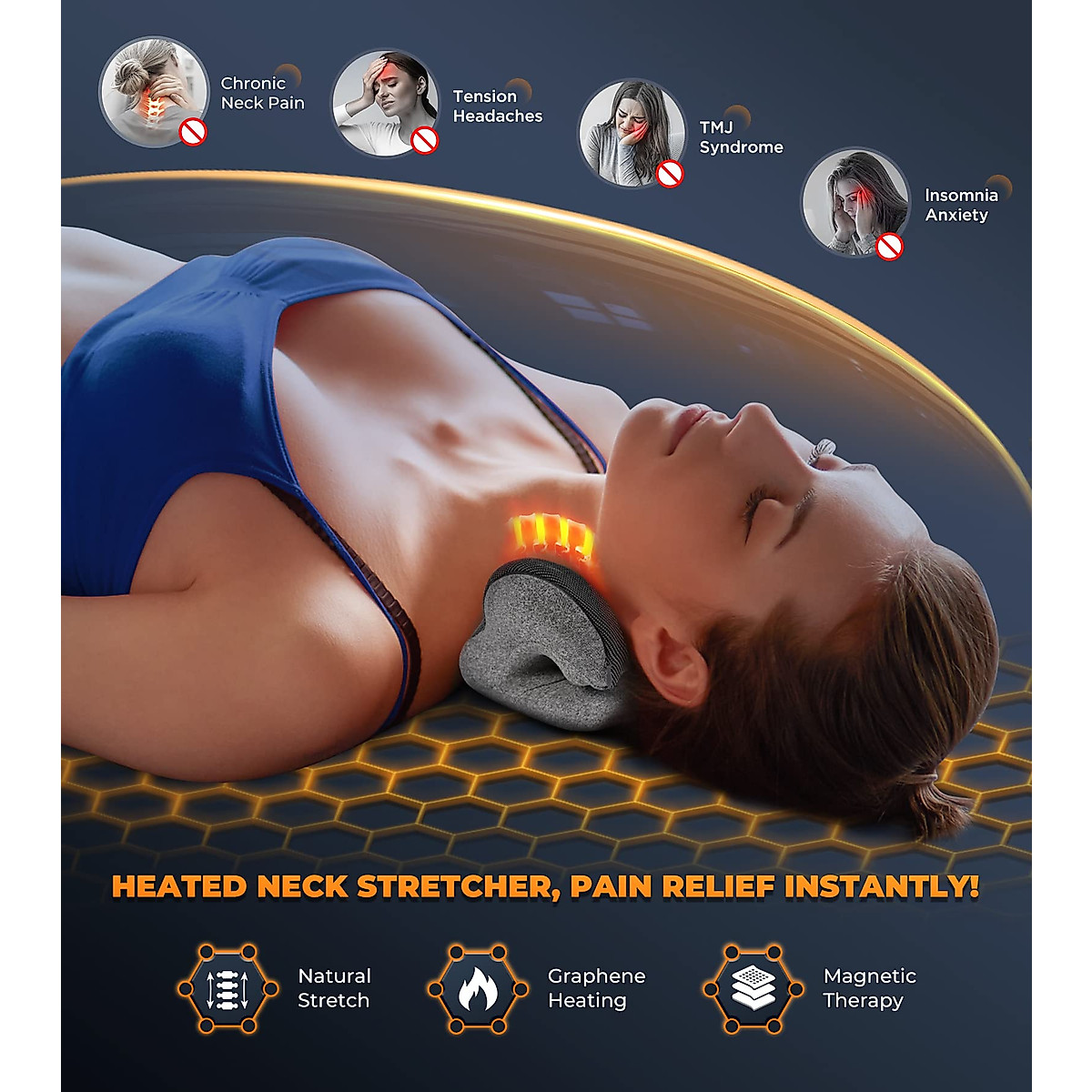 Deep Neck Pain Relief w/Conductive Magnetic Therapy Heated Neck Stretcher, Graphene-Tech Instant Heating Cervical Traction Device Pillow, Smart Control Neck Hump Corrector Relax Gifts For TMJ Migraine