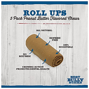 Best Bully Sticks Roll Ups - All-Natural, Easily digestible Dog Chew - Peanut Butter Flavor - Best Suited for Small Breeds (4 Inch, 5-Pack)