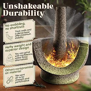 ChefSofi Mortar and Pestle Set - 6 Inch - 2 Cup Capacity - Unpolished Heavy Granite for Enhanced Performance and Organic Appearance - Included: Anti-Scratch Protector + Italian Recipes EBook